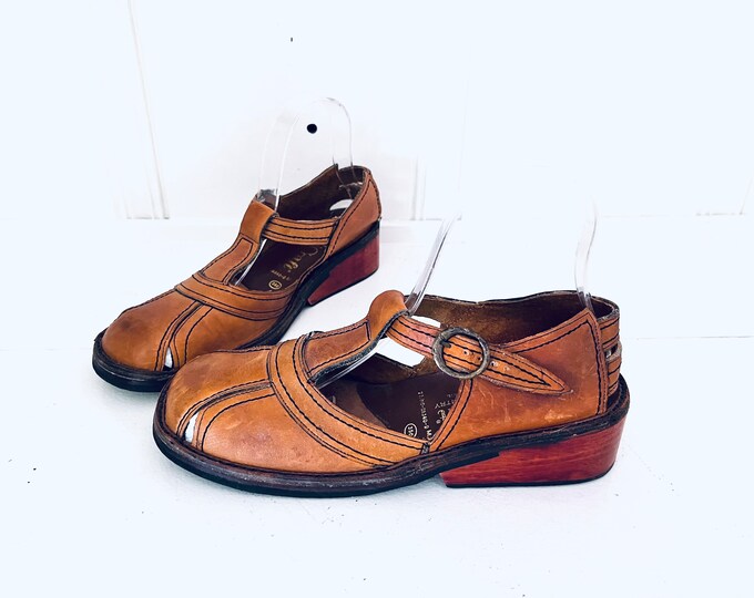 70s Clogs Wooden Heels Leather Shoes Ankle Straps Closed Toe Sandals ...