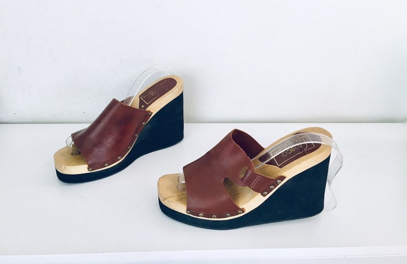 70s Platform Clogs Wedge Sandals Leather Wood Heels Made in Brazil ...