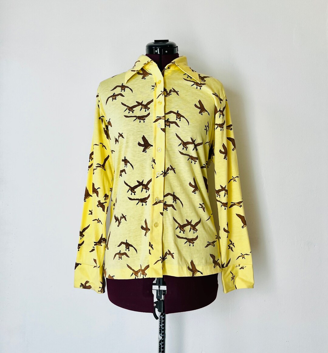 70s Yellow Duck Print Blouse Button up Top Shirt Novelty by Deans Size ...
