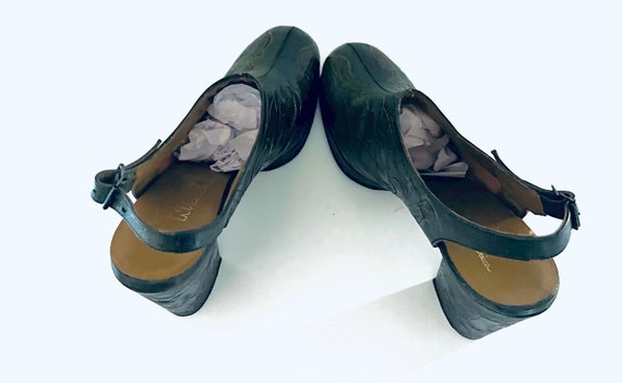 70s Green Tooled Leather Platform Mules Slings Sandal… - Gem