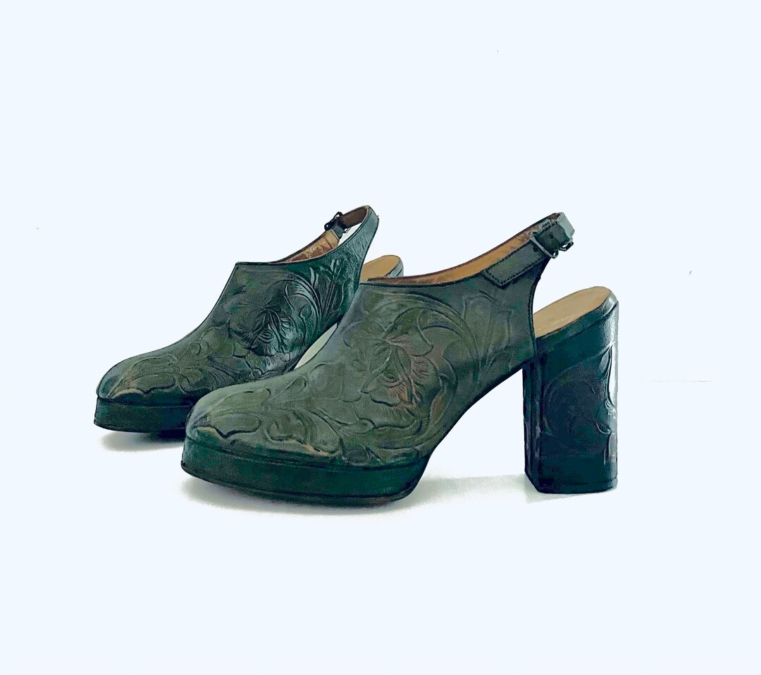 70s Green Tooled Leather Platform Mules Slings Sandals Shoes N Stuff by ...