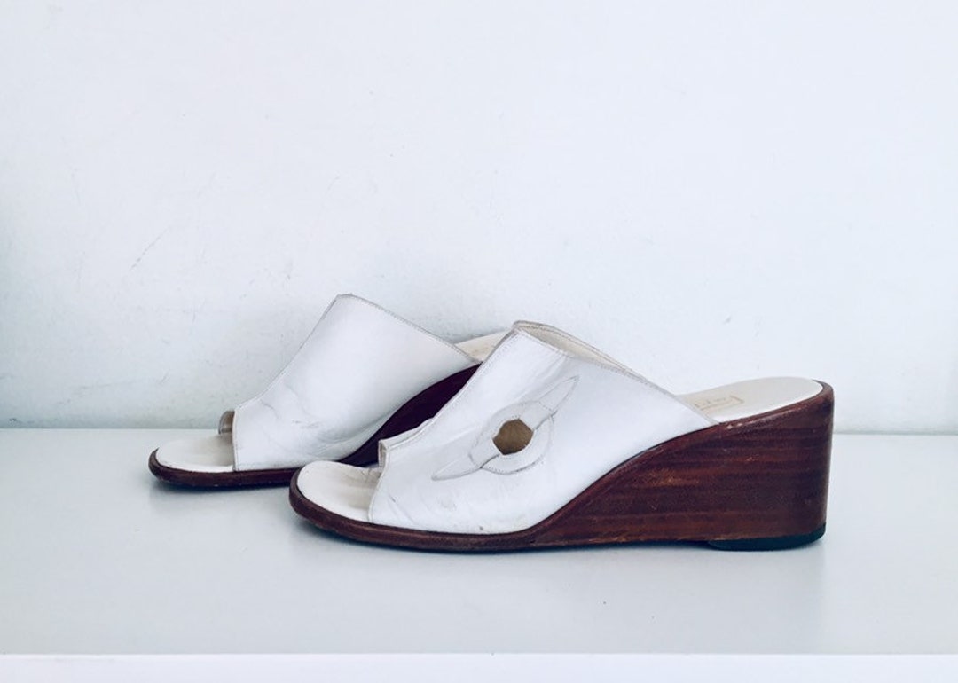 60s Wedge Mules White Leather Wood Wedge Sandals Made in Italy by ...