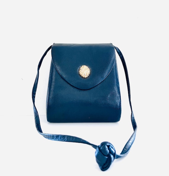80s Blue Faux Snakeskin Structured Box Purse Shoulder… - Gem