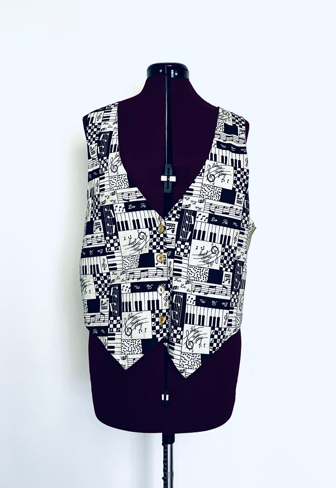 80s Musical Notes Vest Let the Music Play Black and White Made in US by ...