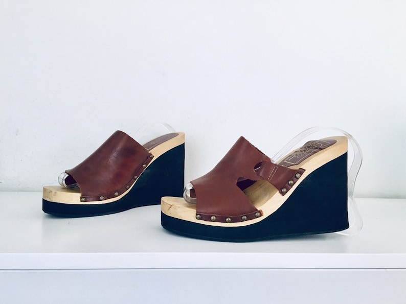 70s Platform Clogs Wedge Sandals Leather Wood Heels Made in Brazil ...