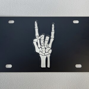 Rock on Skeleton Hand License Plate, High Quality Black Carbon Steel ...