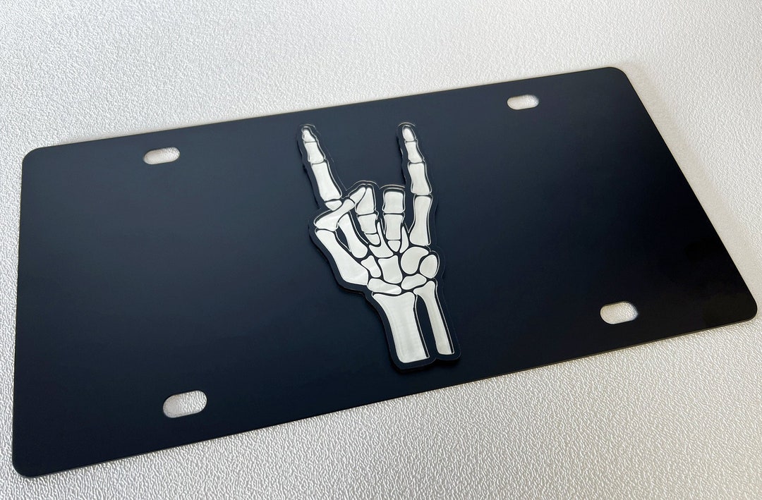 Rock on Skeleton Hand License Plate, High Quality Black Carbon Steel ...