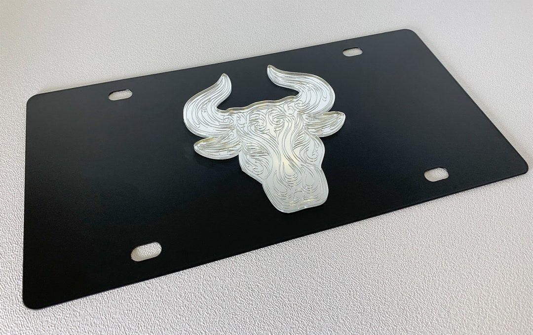Tribal Bull License Plate, Laser-cut Acrylic on Black Steel License ...