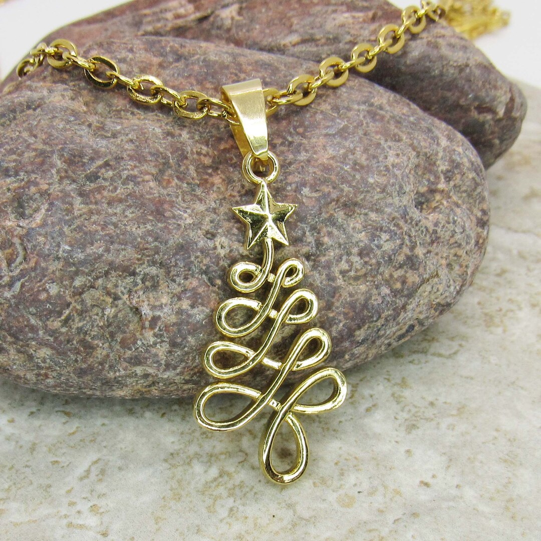 Gold Christmas Tree Pendant Necklace, Holiday Jewelry, Men's Necklace ...