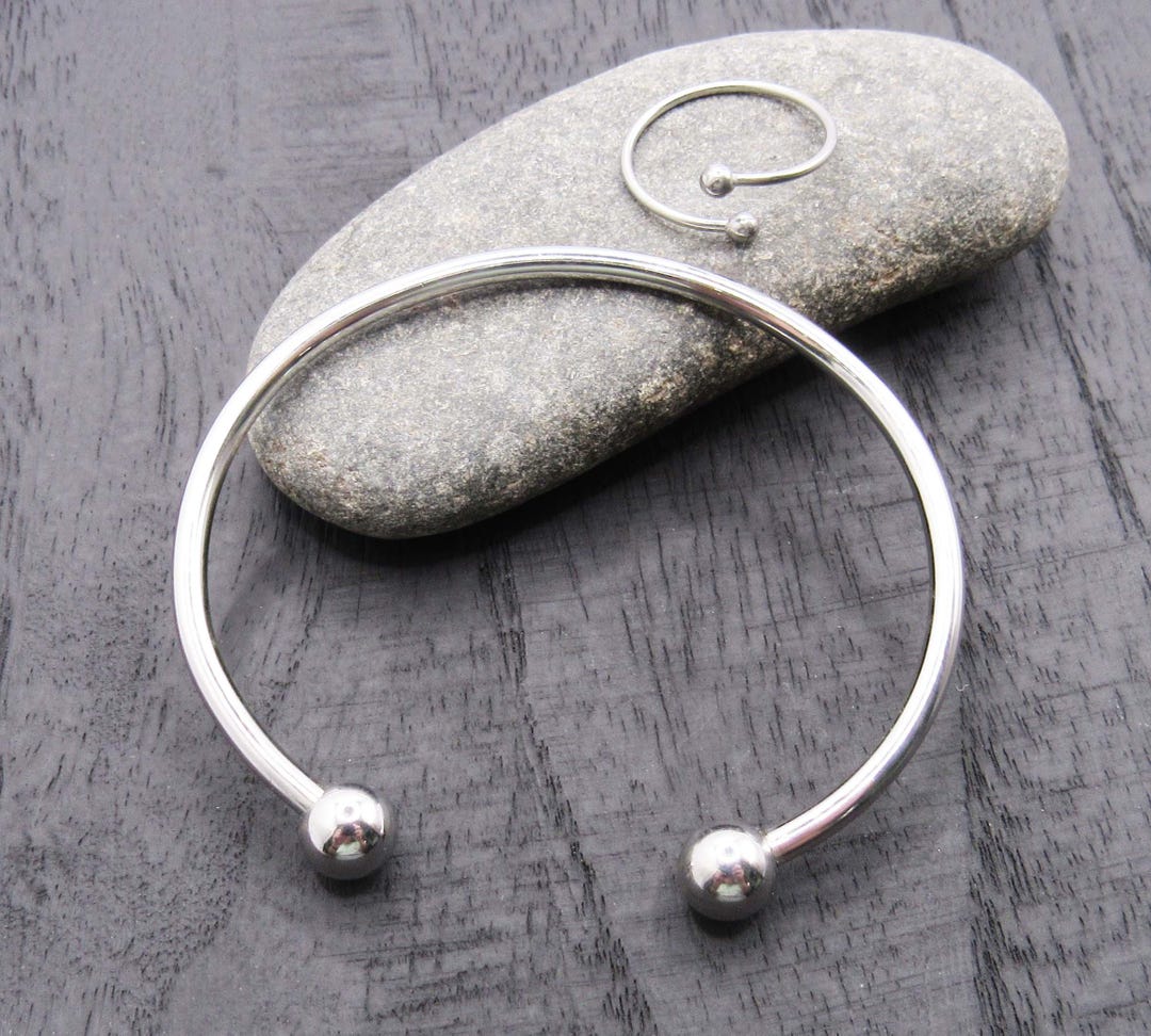 Stainless Steel Open Cuff Bracelet Ball Tips Paired With Matching Ball ...