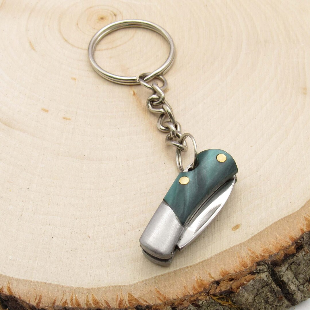 Green Wood Stainless Steel Pocket Knife Keyring, Wood Inlay Pocket ...