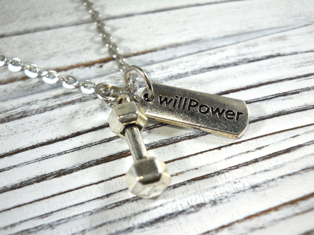 Dumbbell Pendant With Willpower Charm Tag, Antique Silver Tone, Gym ...