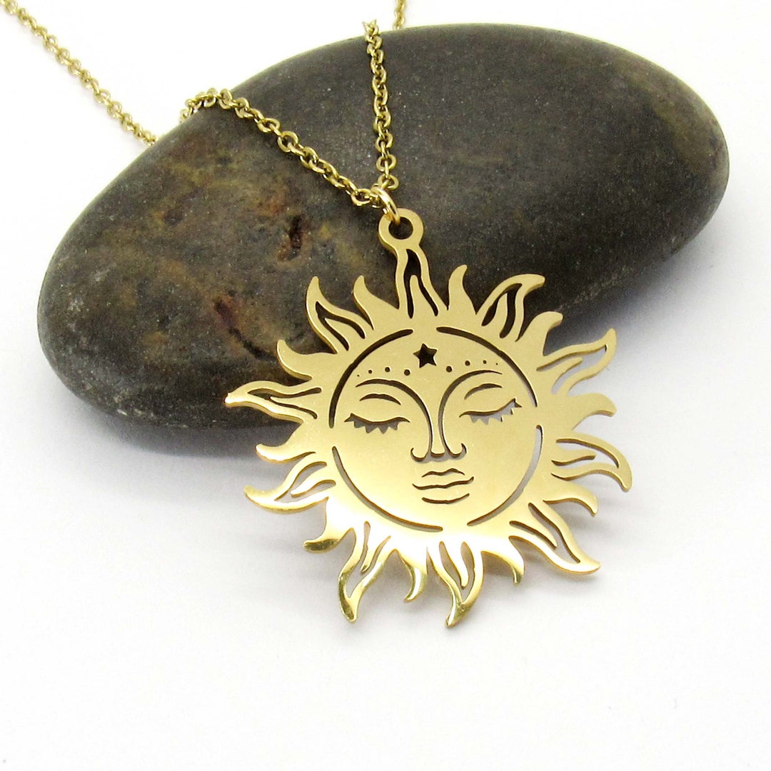 Gold Plated Stainless Steel Sun Face Pendant, Gold Link Chain, Women's ...