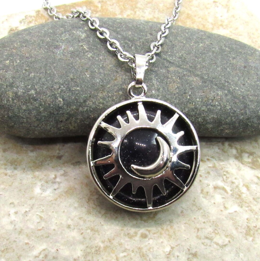 Sun & Moon With Blue Goldstone Pendant Necklace, Synthetic Blue ...