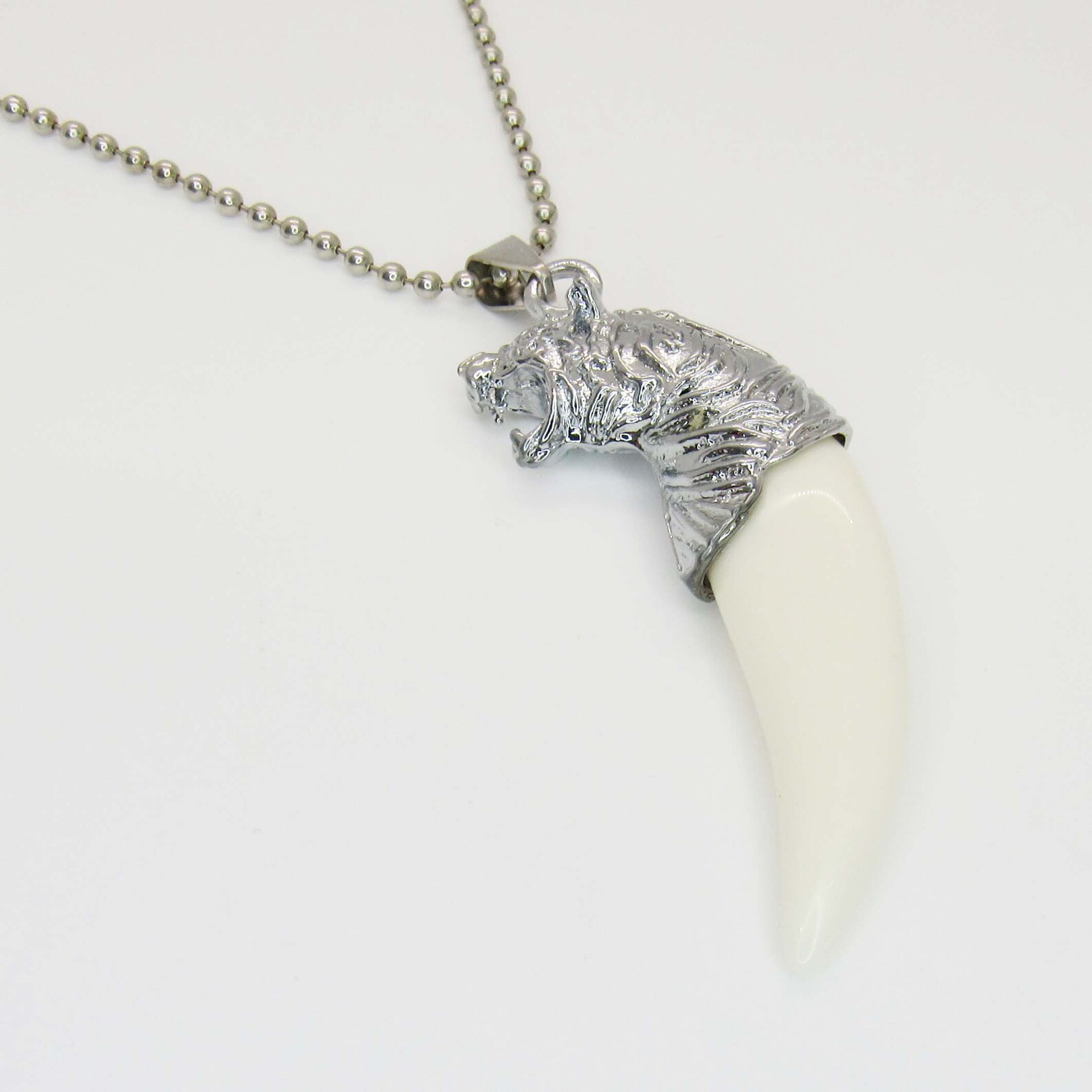 Silver Color Tiger Head Resin Tooth Pendant Necklace, Animal Necklace ...