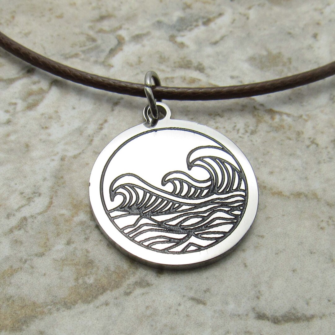 Stainless Steel Etched Ocean Waves Pendant Necklace, Men's Necklace ...