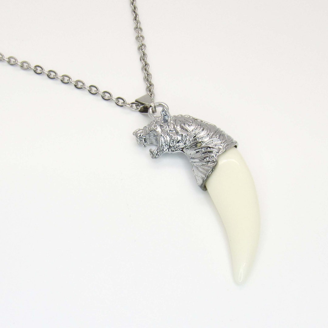Silver Color Tiger Head Resin Tooth Pendant Necklace, Animal Necklace ...