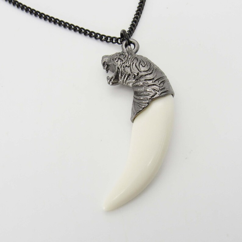 Gunmetal Tiger Head Resin Tooth Pendant Necklace, Animal Necklace, Men ...