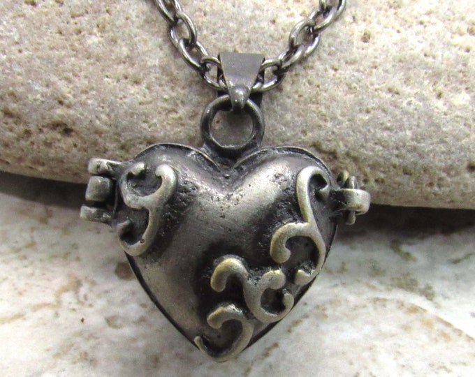 Gunmetal Heart Wish Box With Hinged Lid, Pill Box Necklace, Heart ...