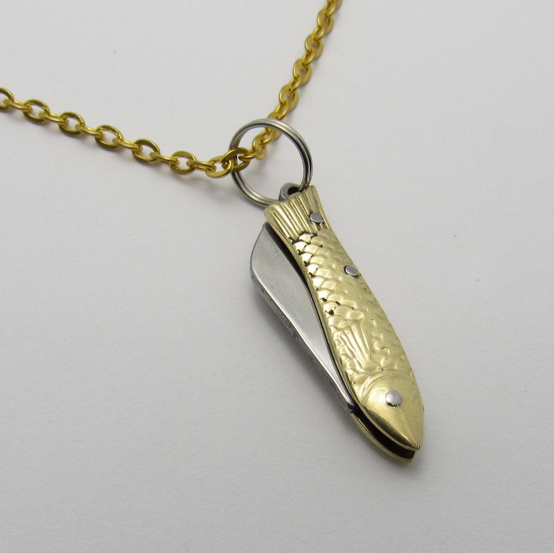 Stainless Steel Mini Fish Pocket Knife Pendant Necklace, Gold Color ...