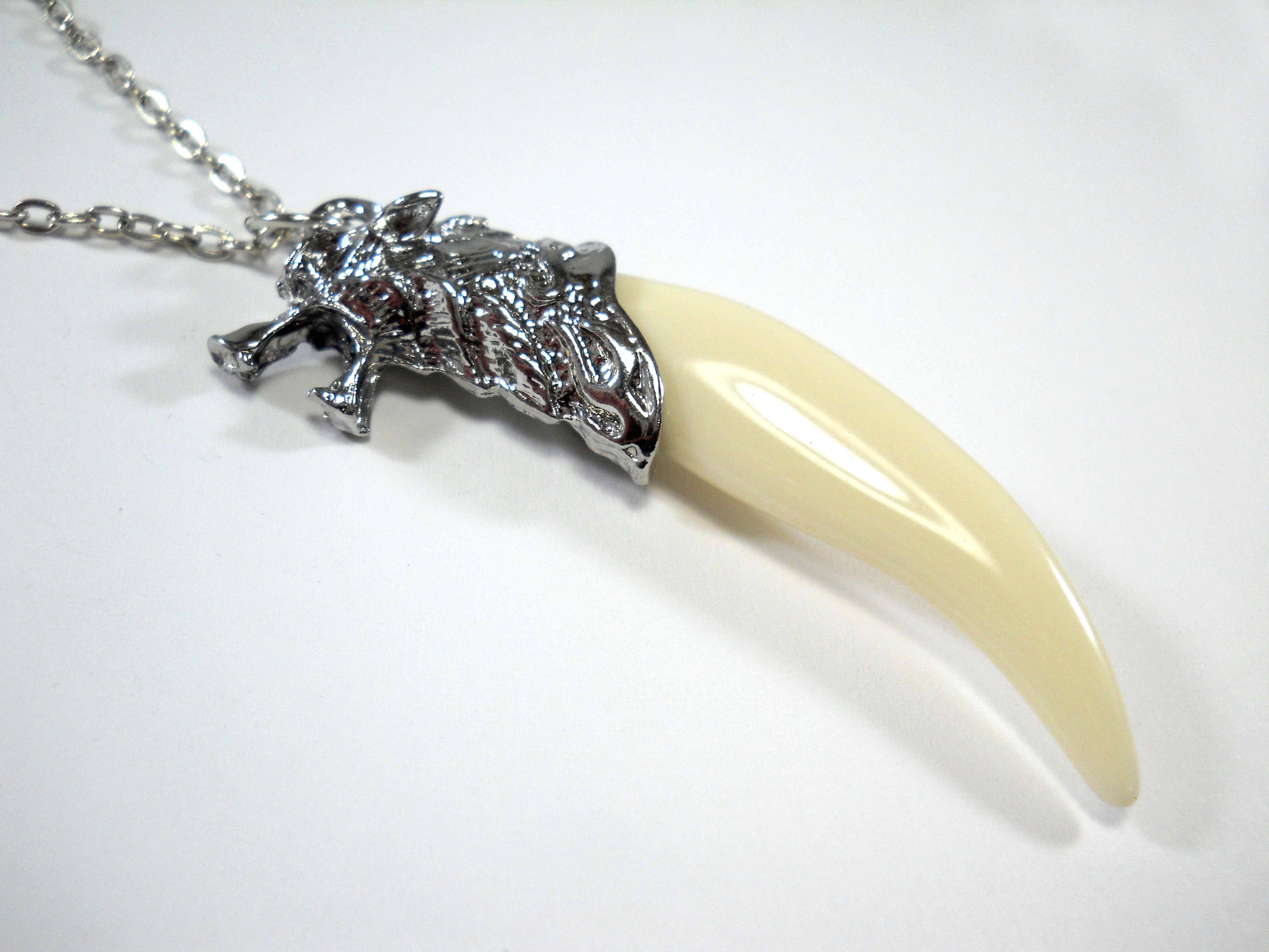 Antique Silver Color Wolf Head Resin Tooth Pendant Necklace, Wolf Tooth ...