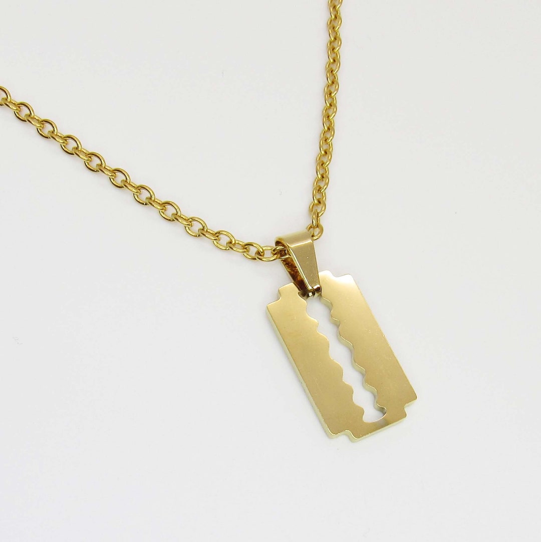 Stainless Steel Small Gold Razor Blade Pendant Necklace, Men's Necklace ...