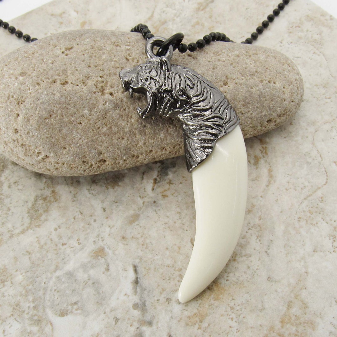 Gunmetal Tiger Head Resin Tooth Pendant Necklace, Animal Necklace, Men ...