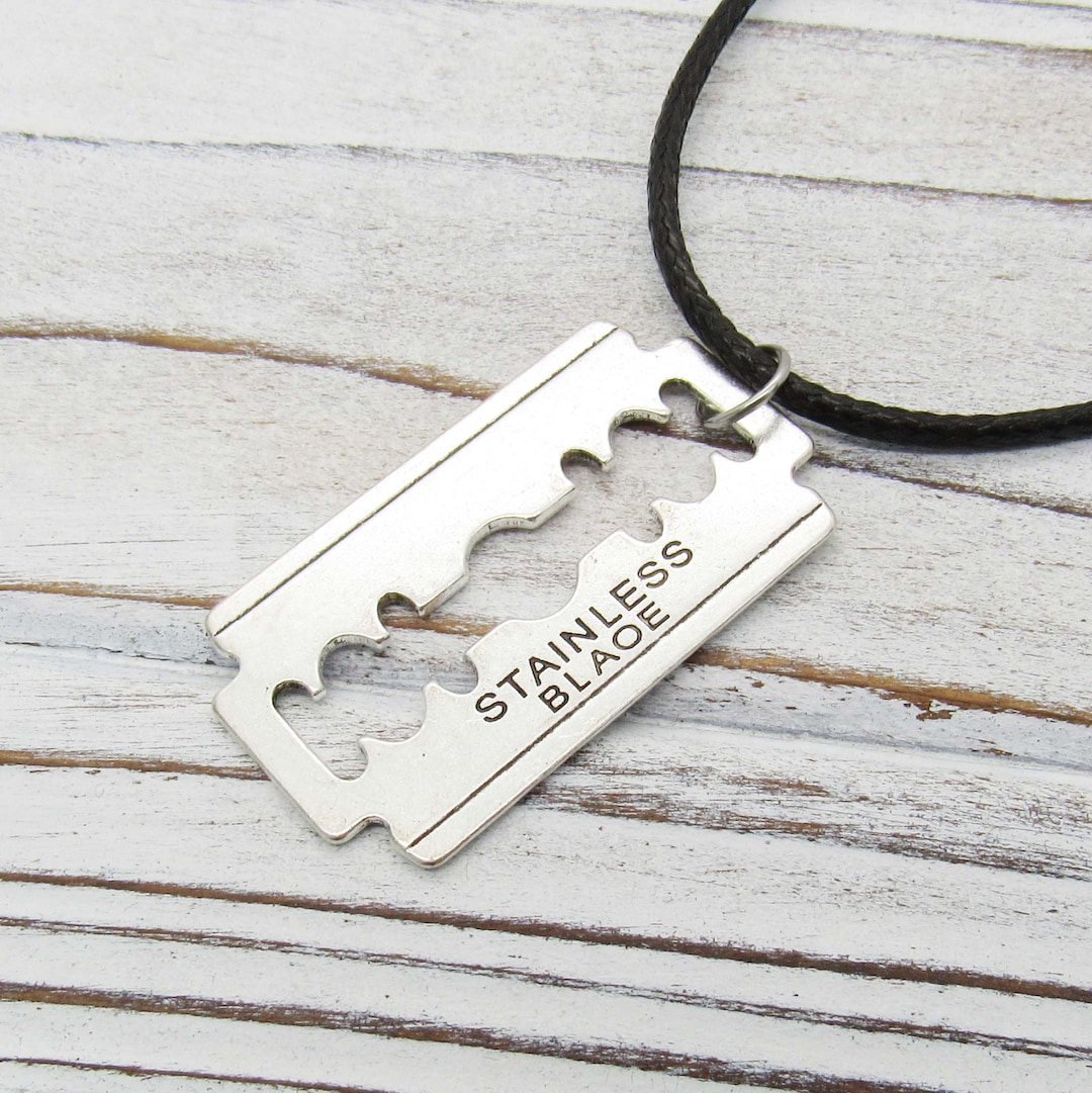 Antique Silver Razor Blade Pendant Corded Necklace, Punk Necklace ...