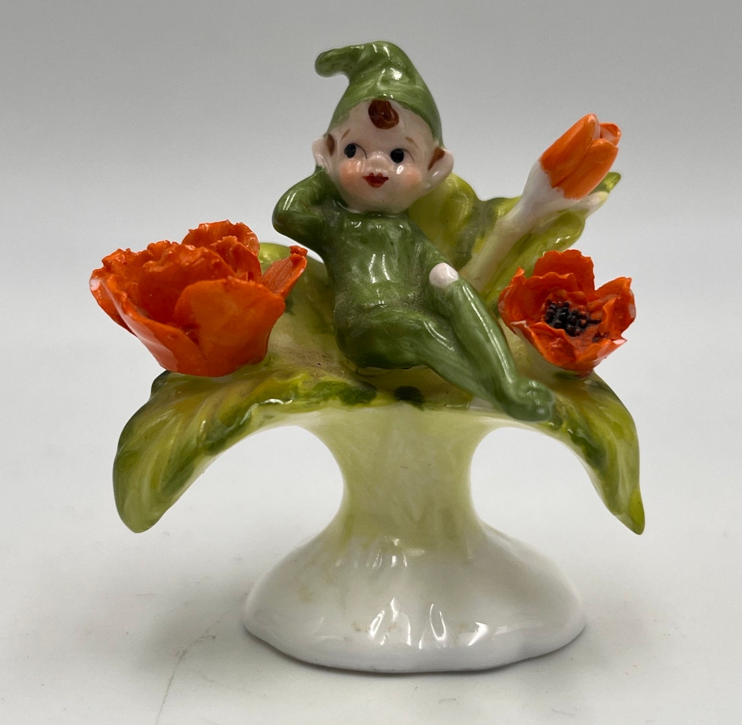 Napcoware Bone China Pixie of the Month, August, Red Flowers, C. 1950s ...