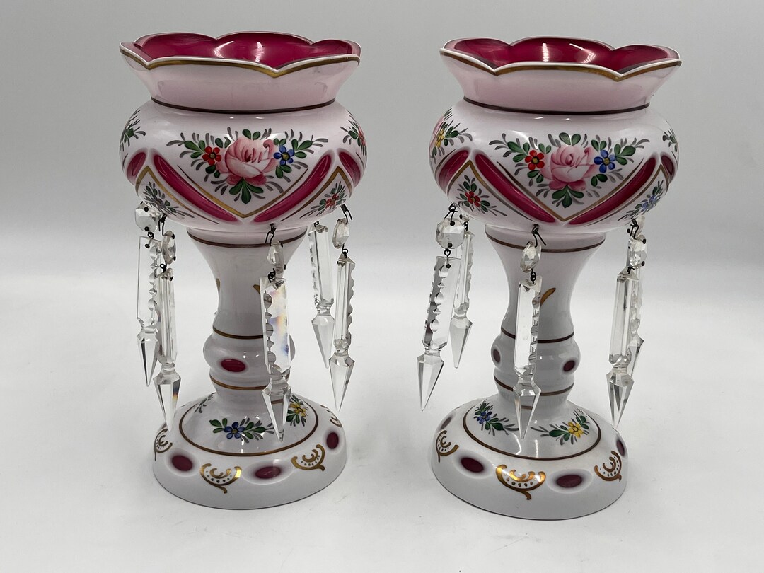 Pair of Czech Bohemian Mantle Lusters, Crystals Prisms, Cut to Ruby ...