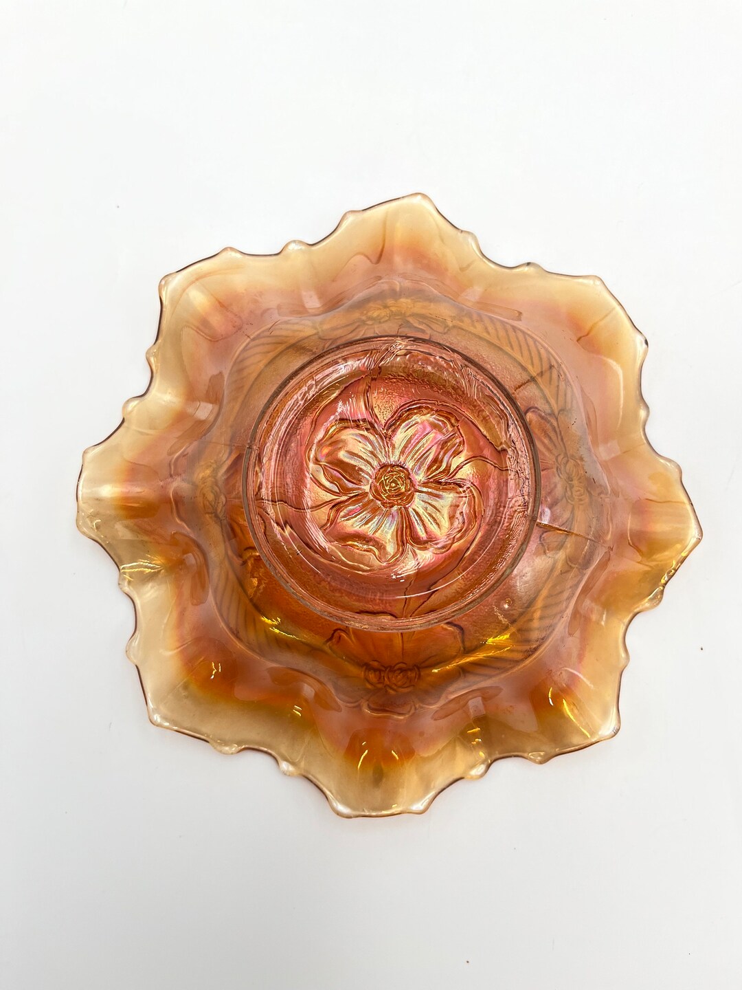 Carnival Pressed Glass Ruffle Bowl, Marigold, Apple Blossom Pattern ...