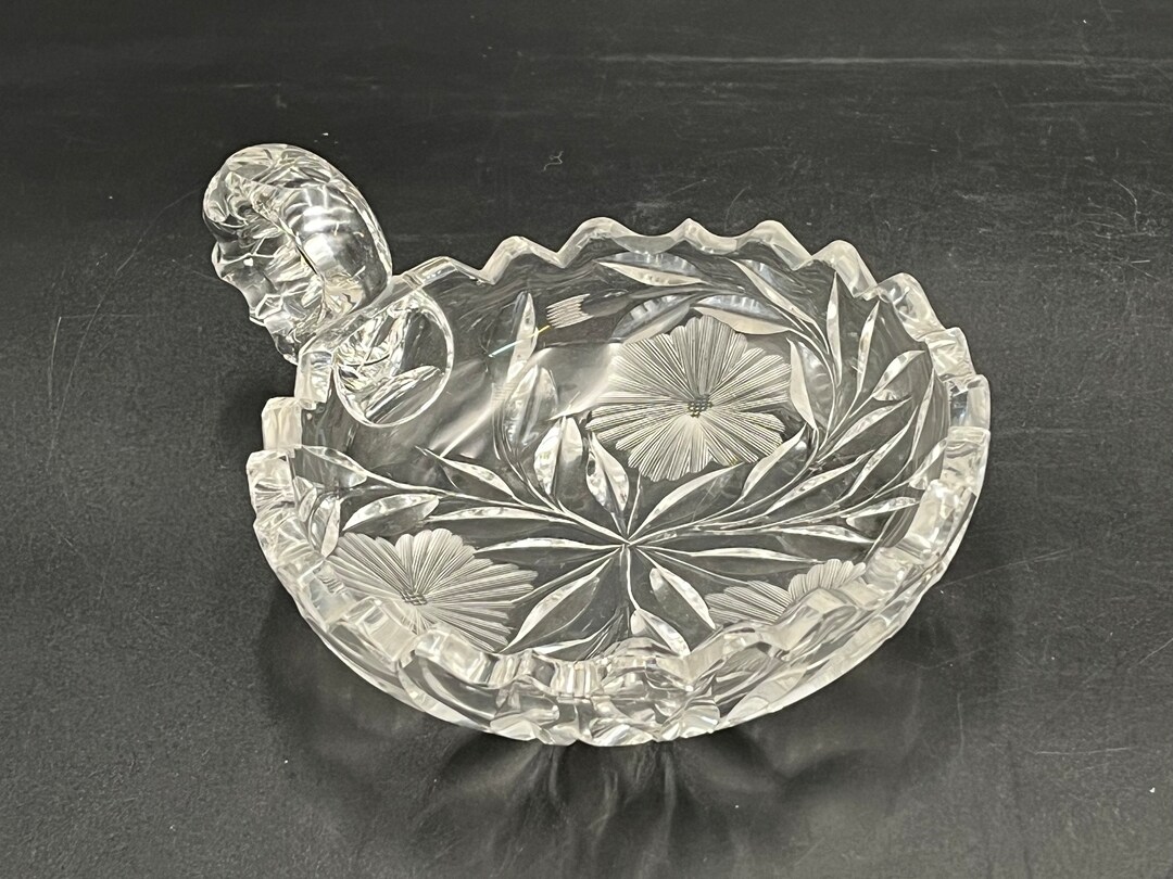 Cut Crystal Nappy Dish, Finger Loop Handle, Flower and Leaf, ABP, Circa ...