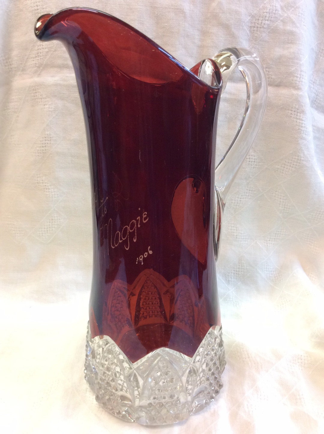 Tall 12” Ruby Red Flash Pitcher With Applied Clear Glass Handle and ...