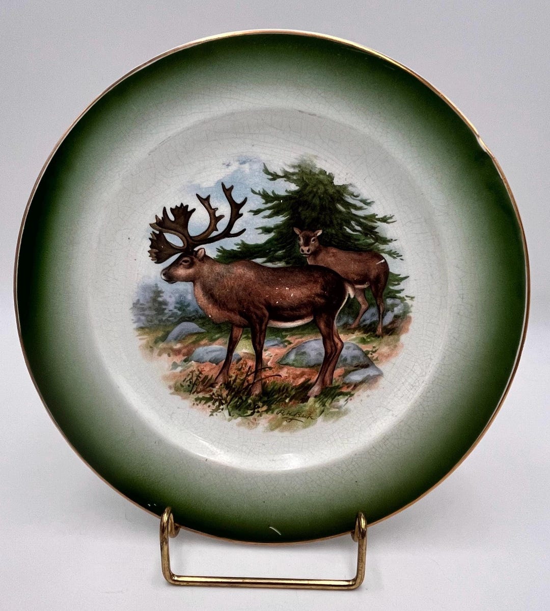 Buffalo Pottery, Reindeer/caribou Plate, Green/gold Border, Made in ...