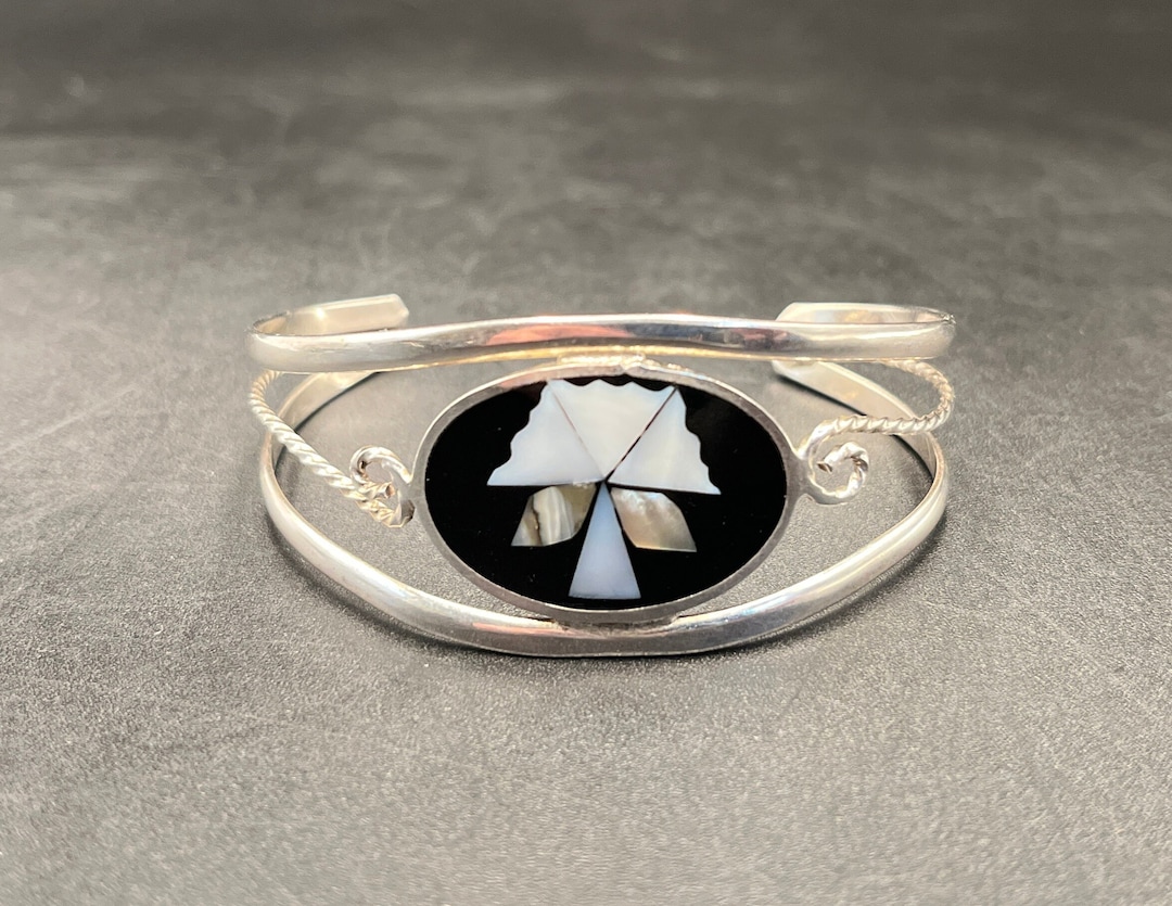 Sterling Silver Cuff Bracelet, Inlaid Mother of Pearl, Vintage Mexico ...
