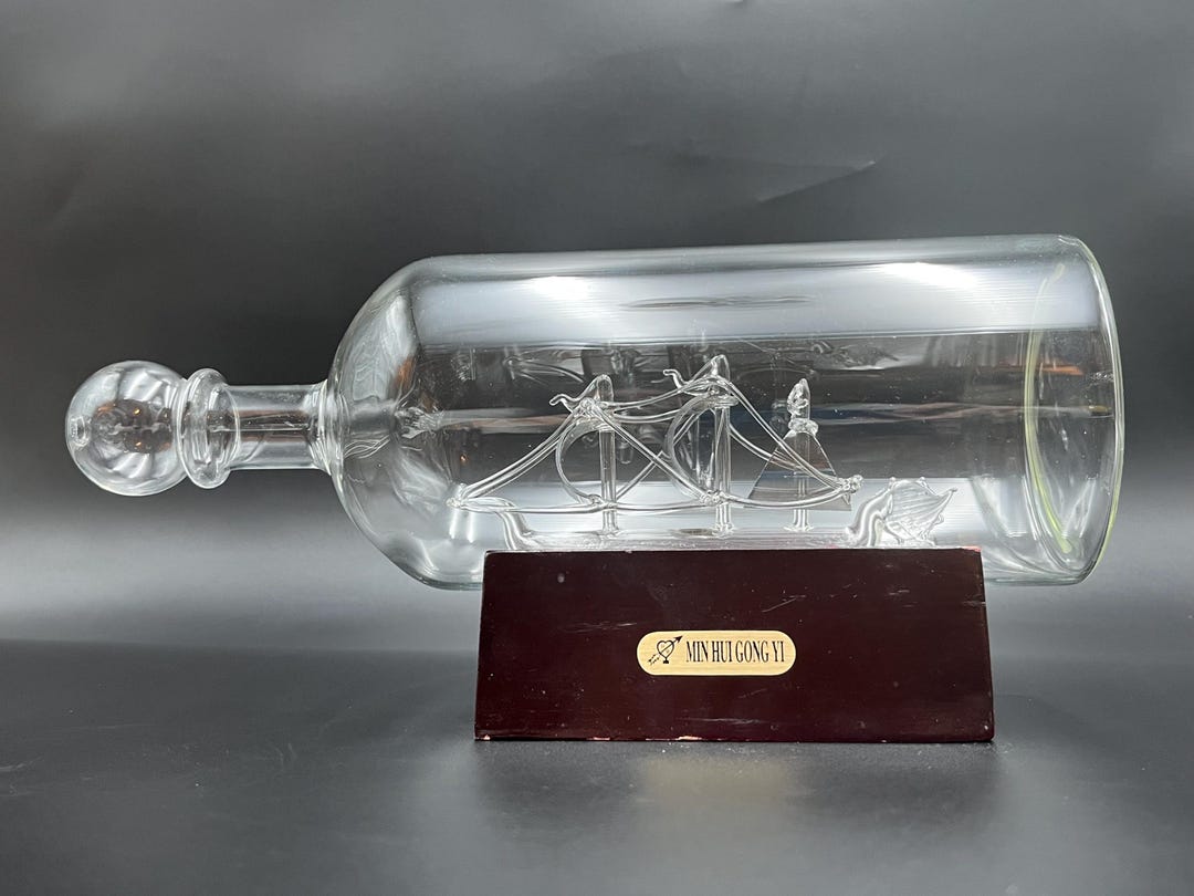 Hand Blown Glass Ship in a Hand Blown Glass Bottle, Wood Stand, C ...