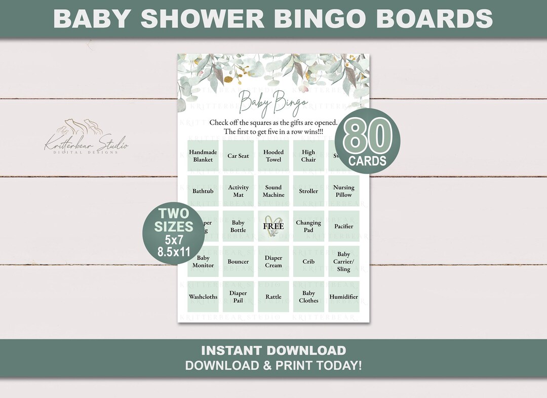 Eucalyptus Baby Shower Bingo Game: Prefilled & Blank Bingo Board Cards ...