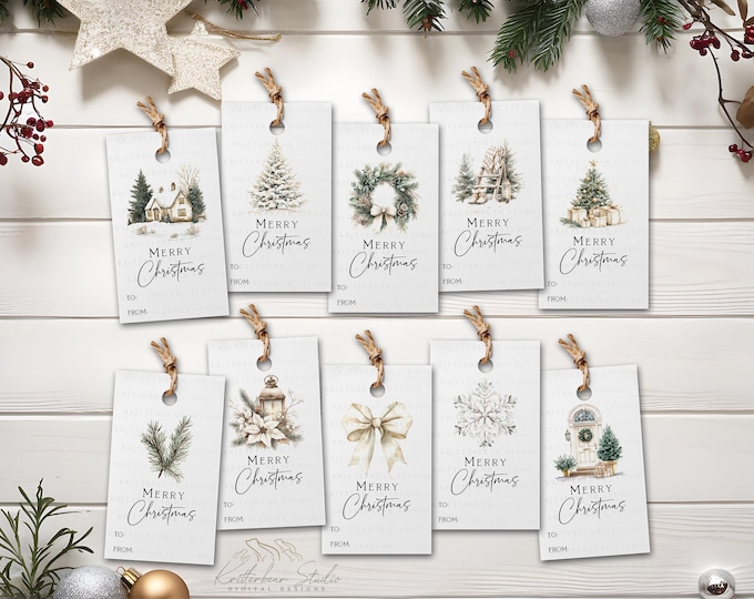 White Christmas Gift Tag Set: Country Favor Tags Farmhouse Woodland ...