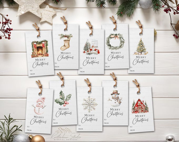 Christmas Gift Tag Bundle Set: Cozy Christmas Favor Tags Watercolor ...