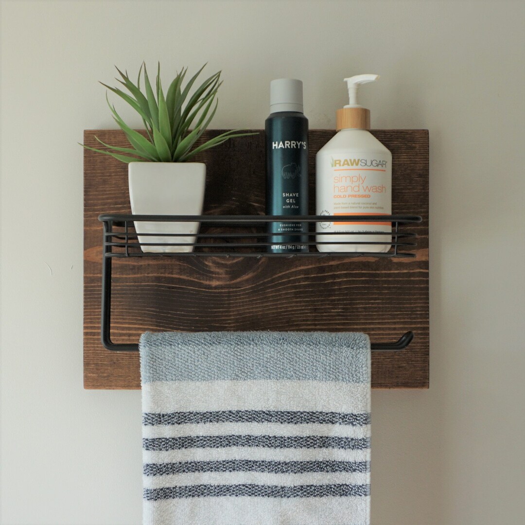 Simply Rustic Bathroom Shelf With Storage Basket and 11 Towel Bar - Etsy