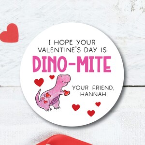 Dino Mite Valentine Stickers - Pink T Rex Valentines Labels, Classroom ...