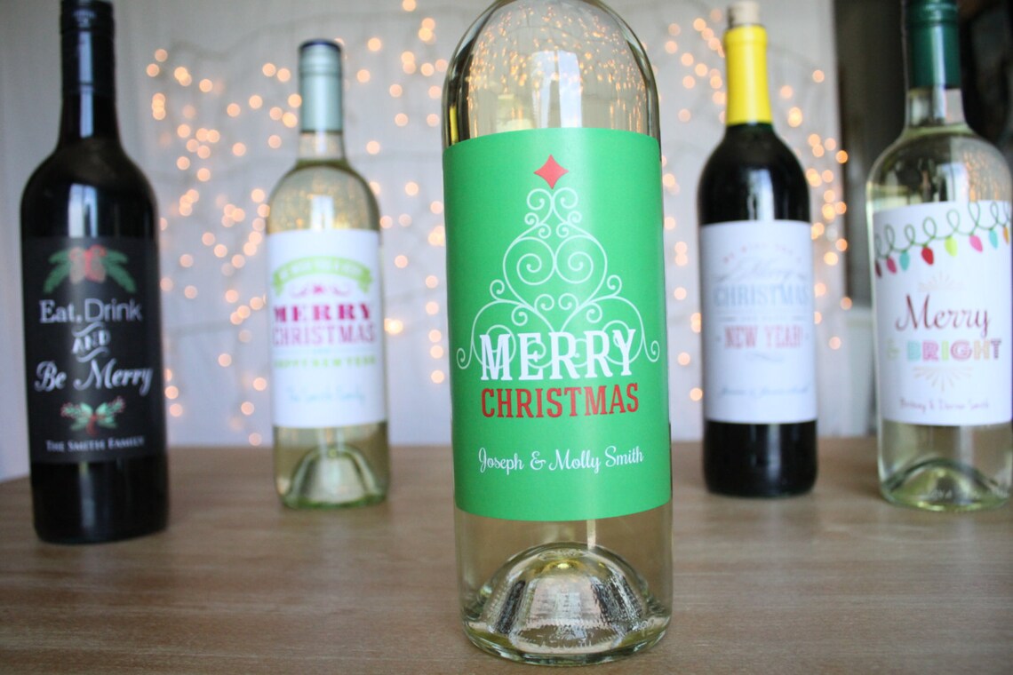Merry Christmas Wine Label Green Tree Wine Labels Personalized - Etsy