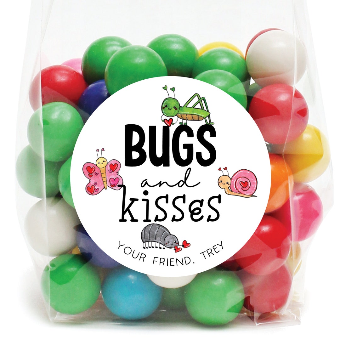 Valentines Stickers - Bugs and Kisses Labels, Gummy Worm Favor Sticker ...
