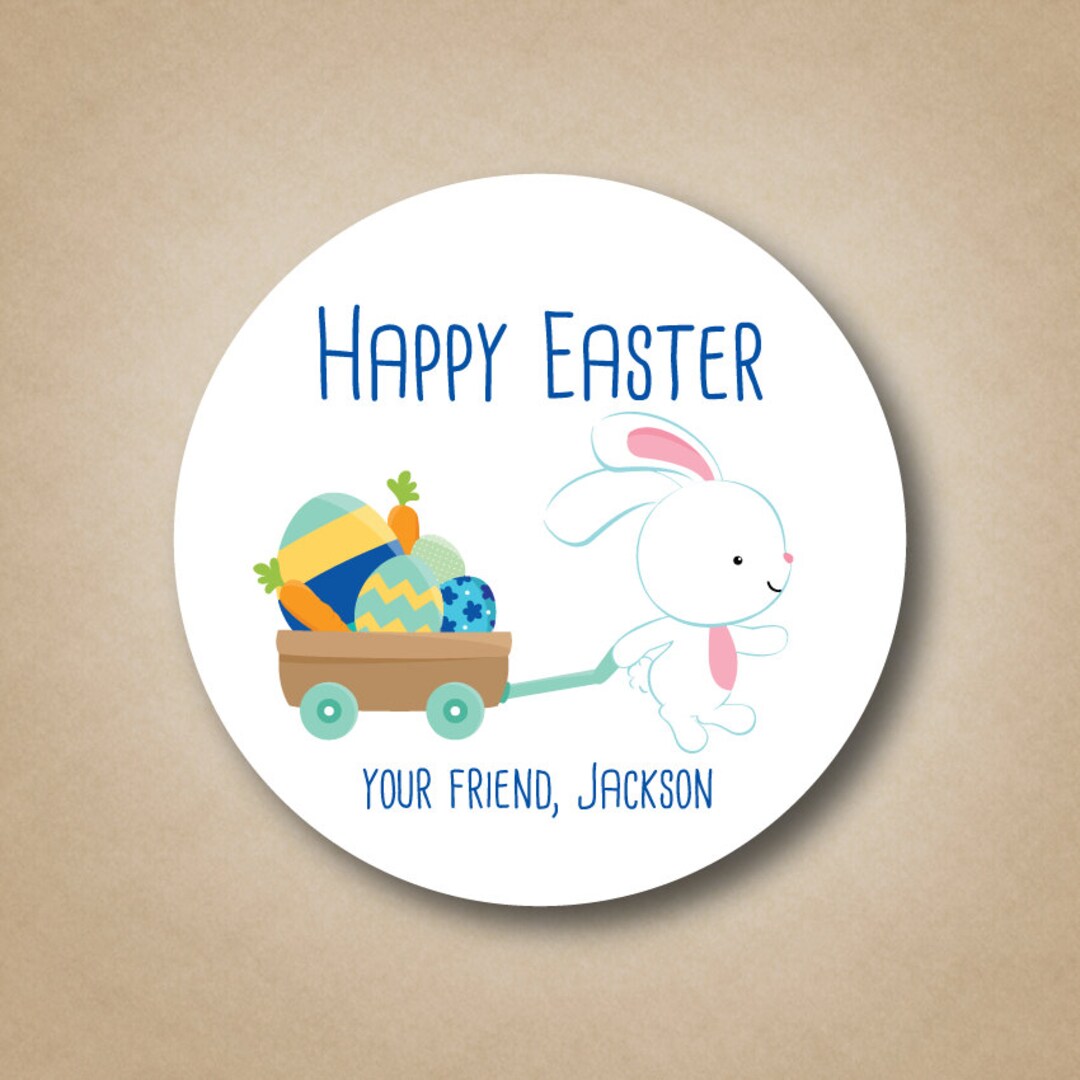 Custom Kids Easter Stickers Boys Easter Favor Label Bunny With Wagon of ...