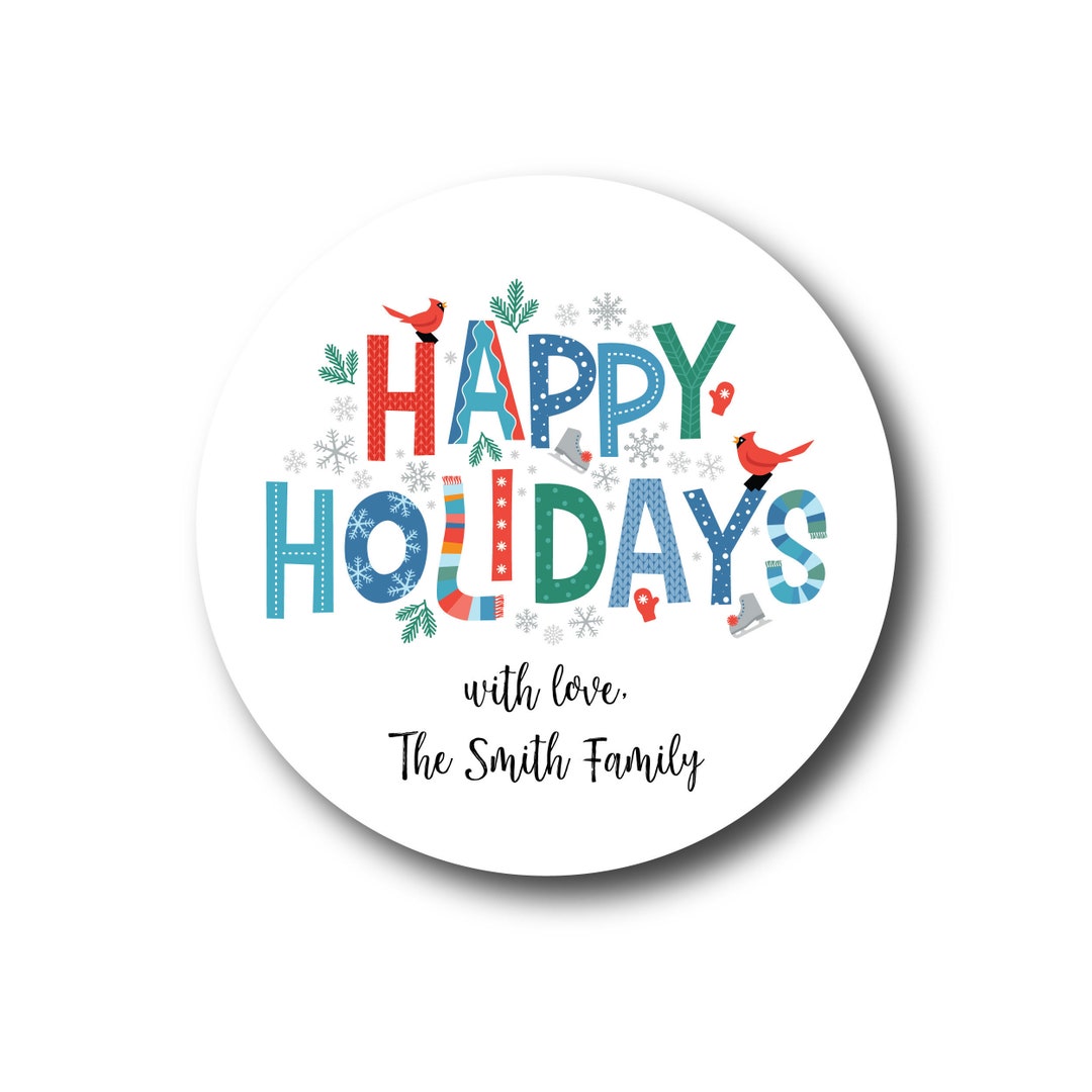 Happy Holidays Christmas Sticker - Personalized Gift Labels Whimsical ...