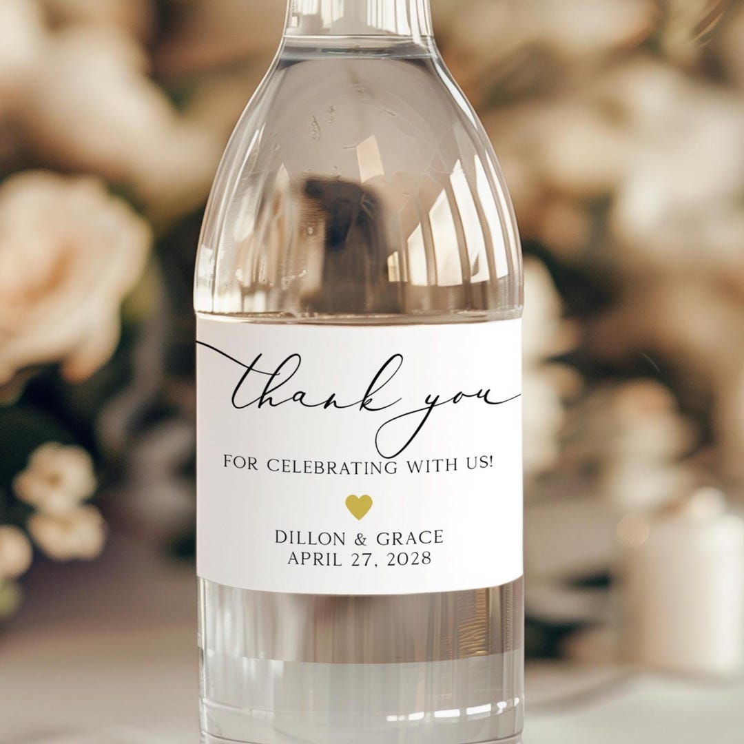 Water Bottle Labels - Printed Thank You Wedding Labels, Gold Heart ...