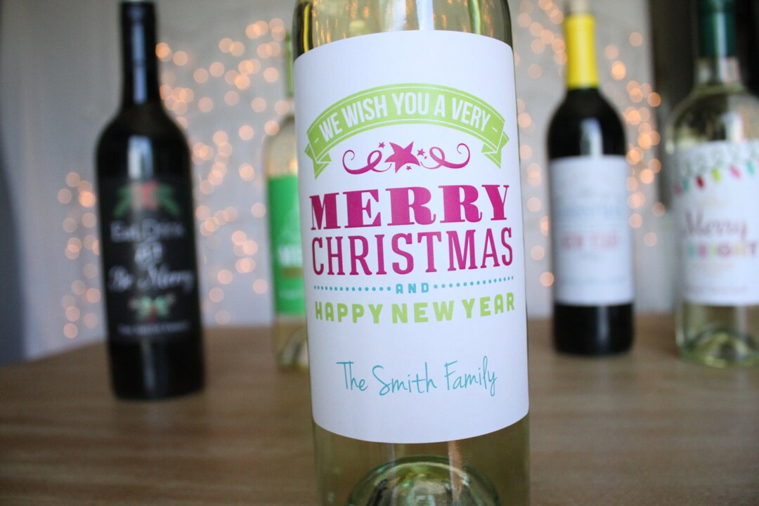 Bright Colors Christmas Wine Label Modern Holiday Wine Sticker Merry ...