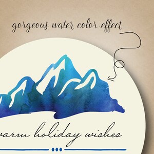 Watercolor Christmas Gift Label Mountain Range Holiday Sticker Blue ...