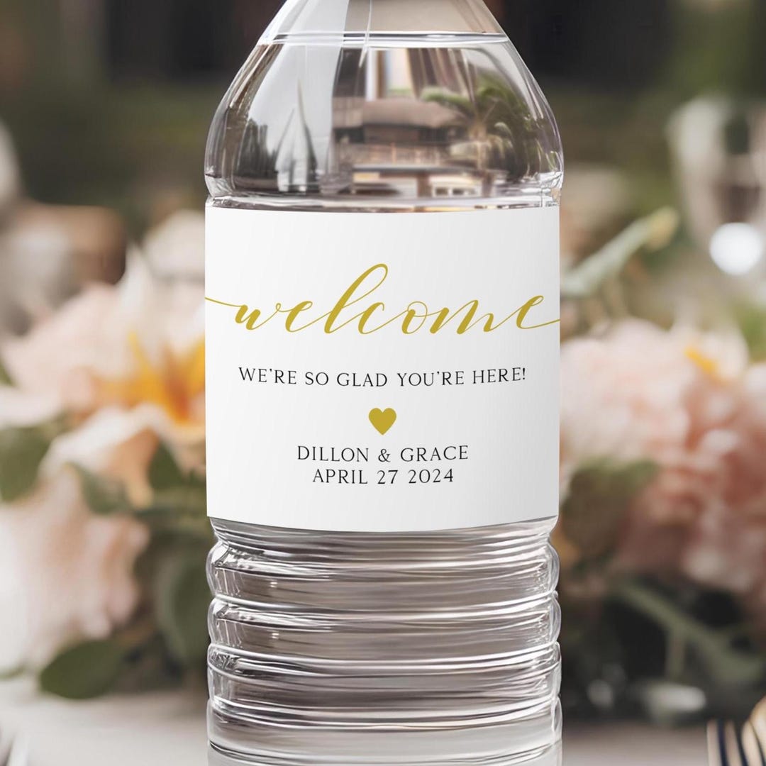 Water Bottle Labels - Printed Welcome Wedding Labels, Gold Heart ...