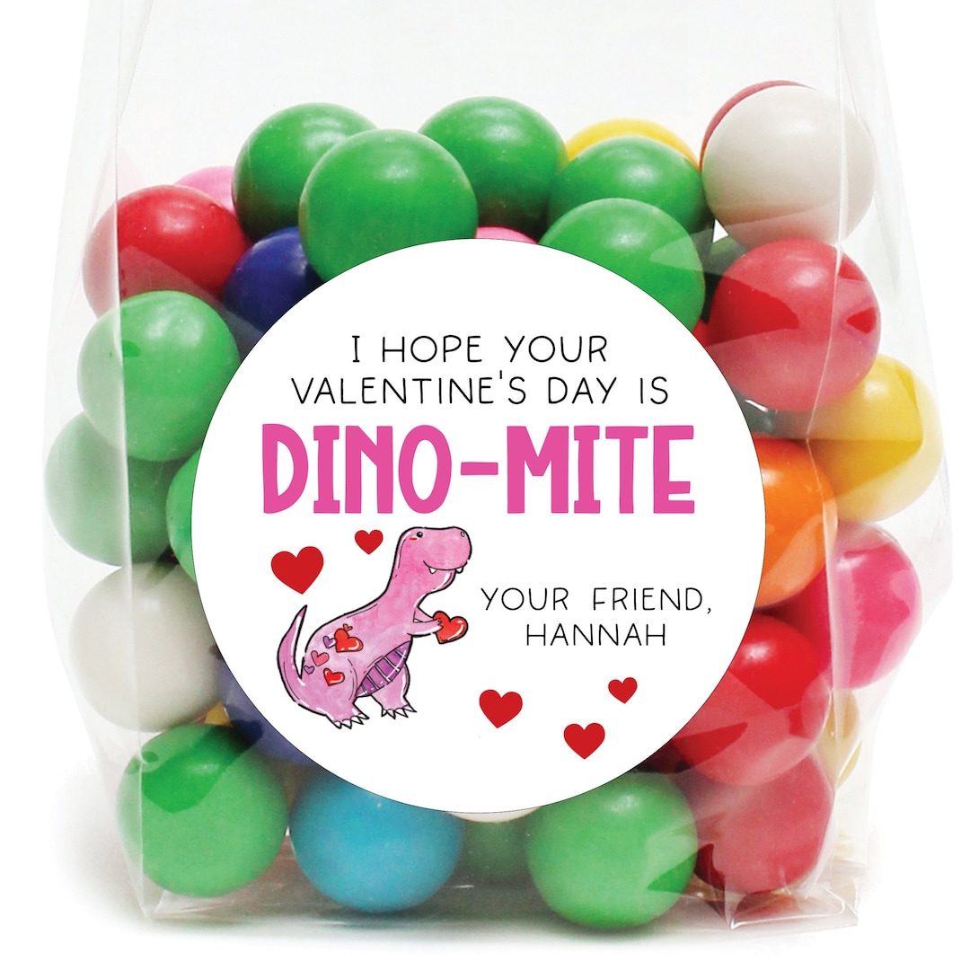 Dino Mite Valentine Stickers - Pink T Rex Valentines Labels, Classroom ...